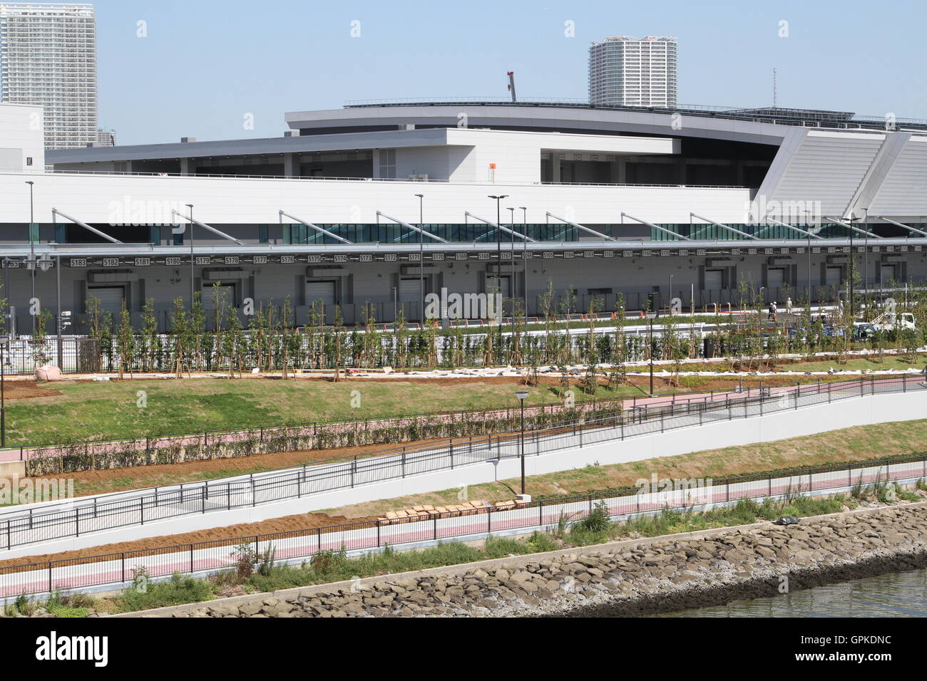 Construction continues at the site of a new Toyosu fish market in Tokyo ...