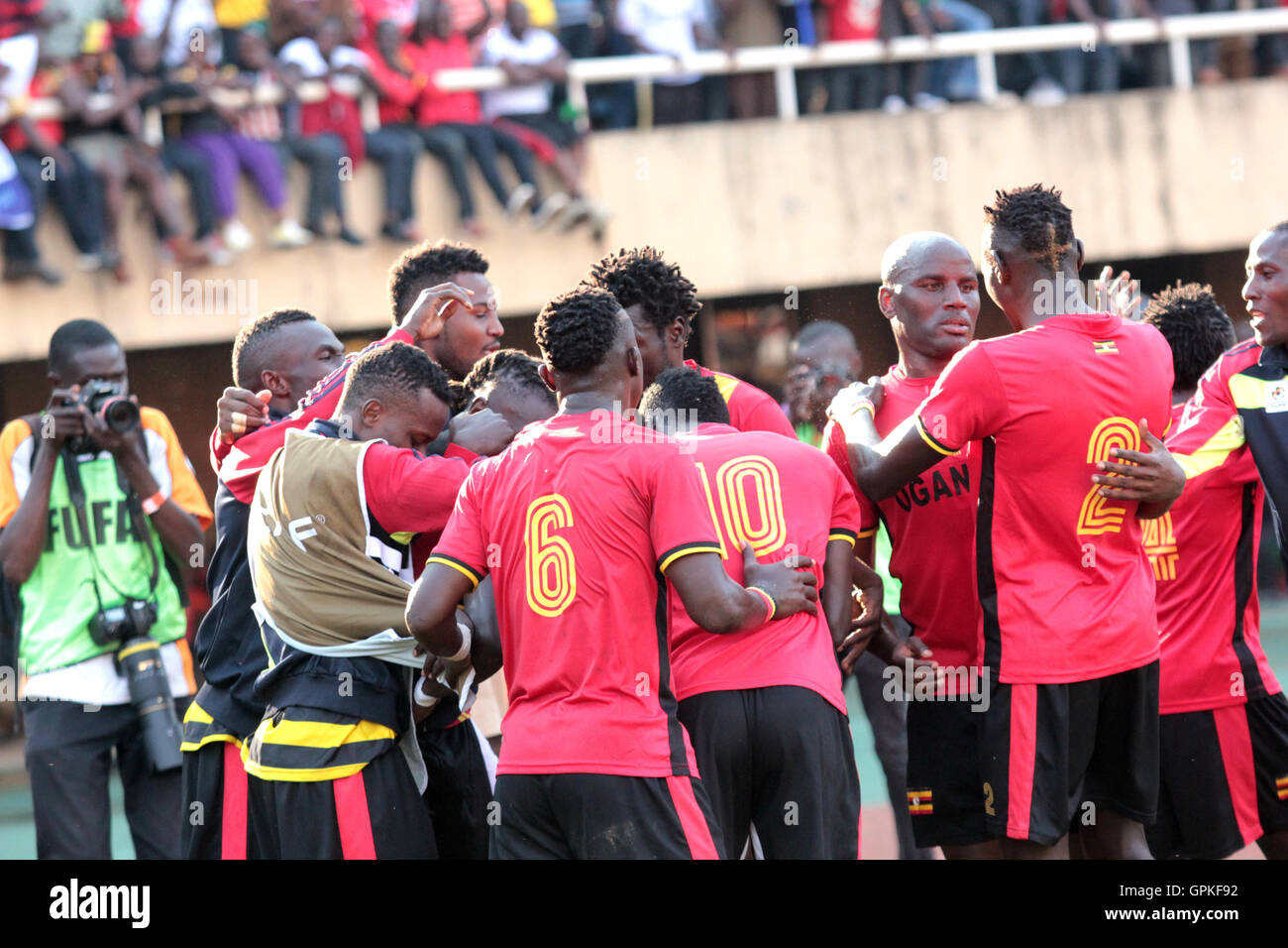 Kampala, Uganda. September 4, 2016. A Uganda Cranes players jubuilates ...