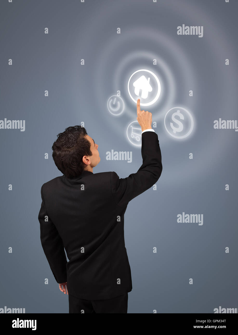 business man pressing button Stock Photo - Alamy