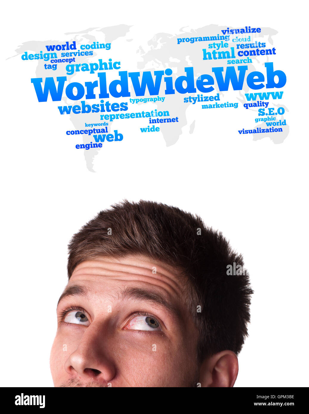 Young head looking at internet type of icons Stock Photo - Alamy