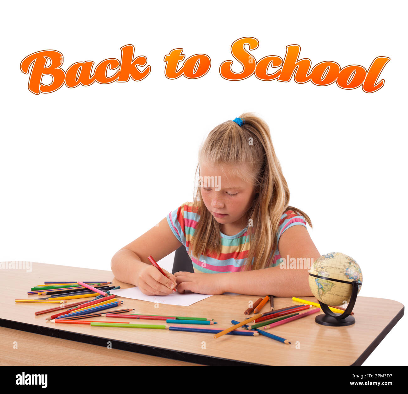 Young girl drawing with back to school theme isolated on white Stock ...
