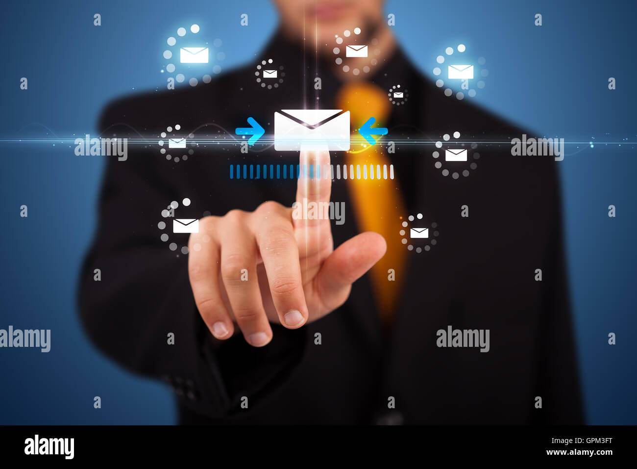 Businessman pressing virtual messaging type of icons Stock Photo - Alamy