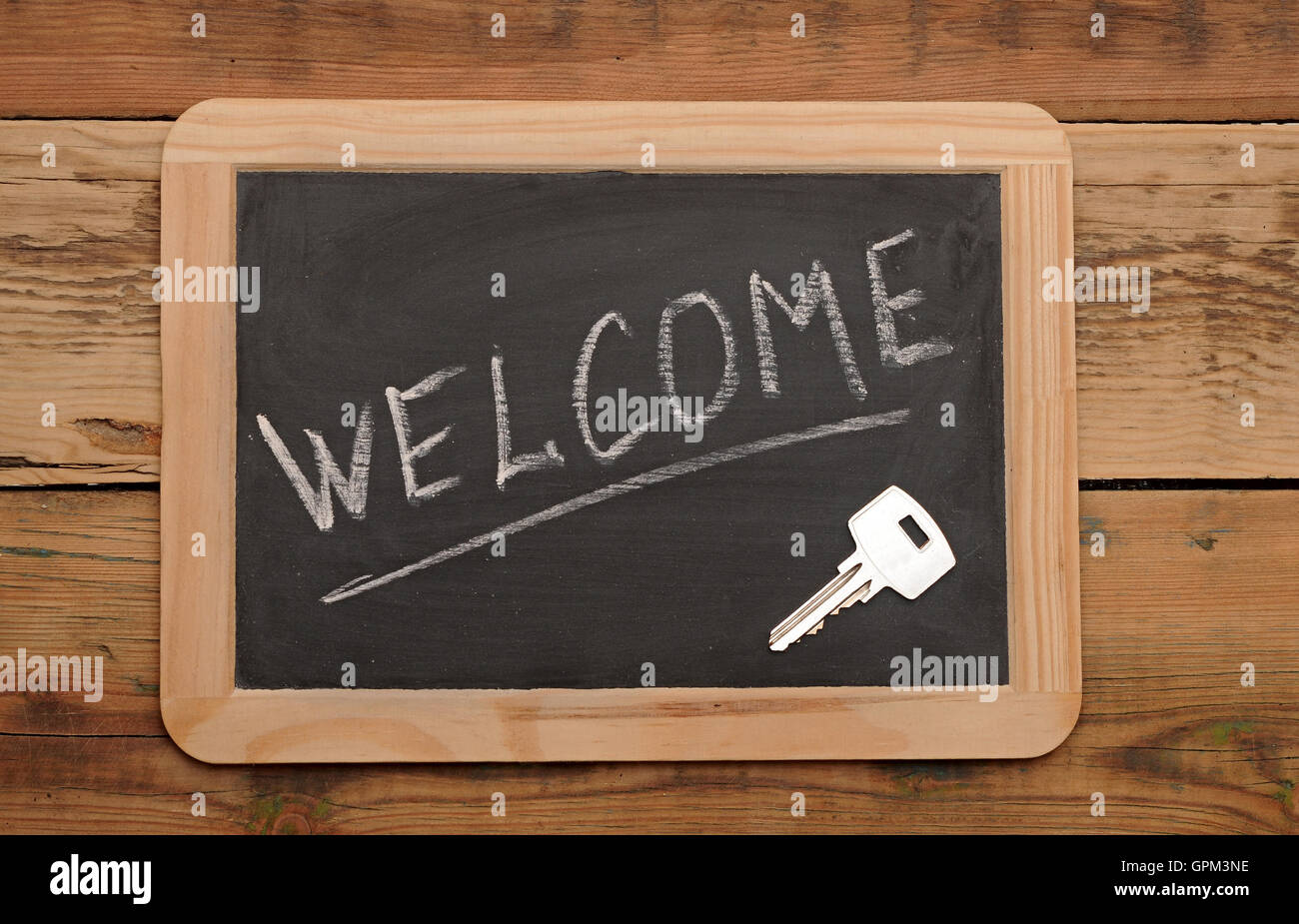 word "welcome" and key on small school wooden blackboard Stock Photo ...