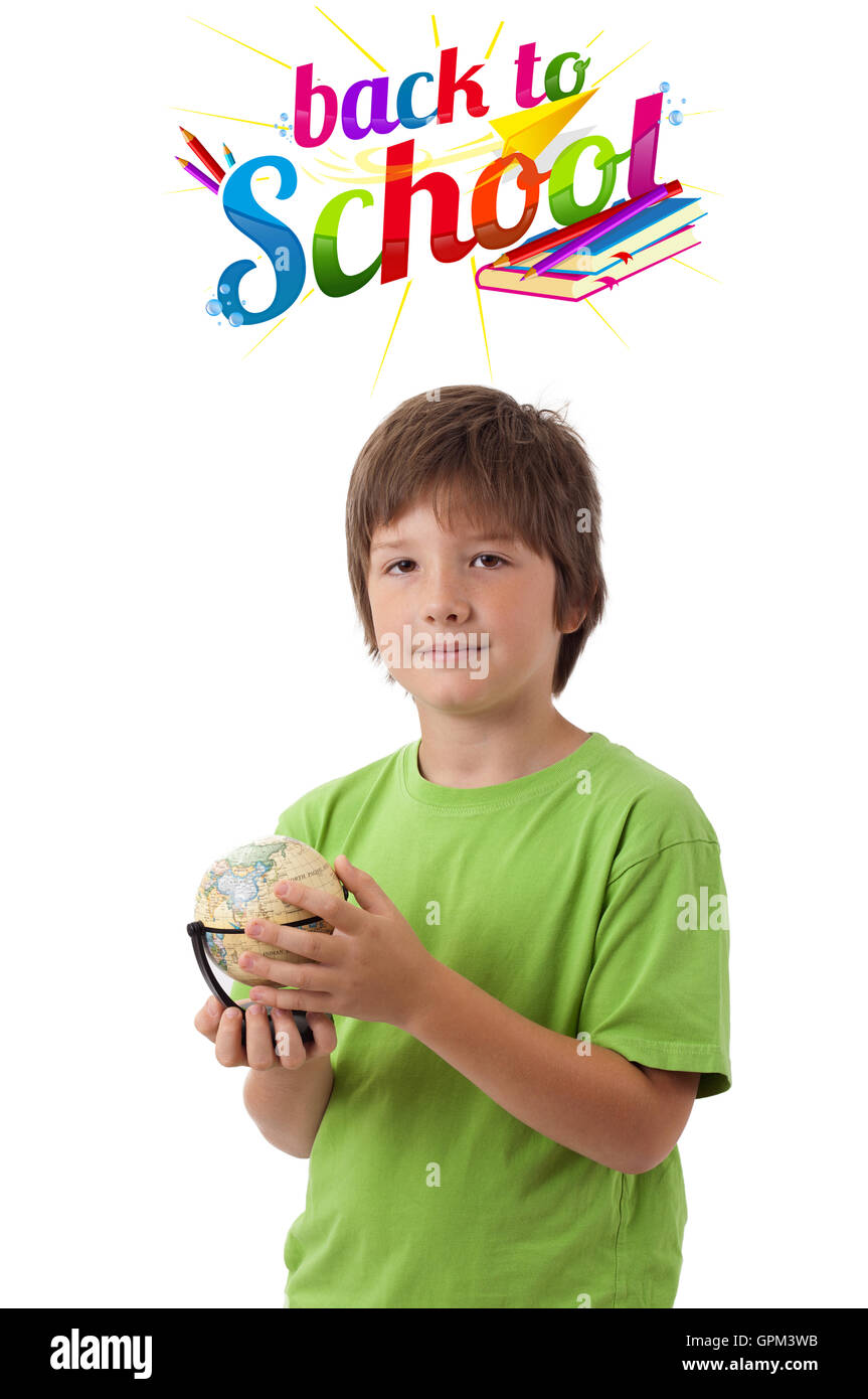 Boy with back to school theme isolated on white Stock Photo - Alamy