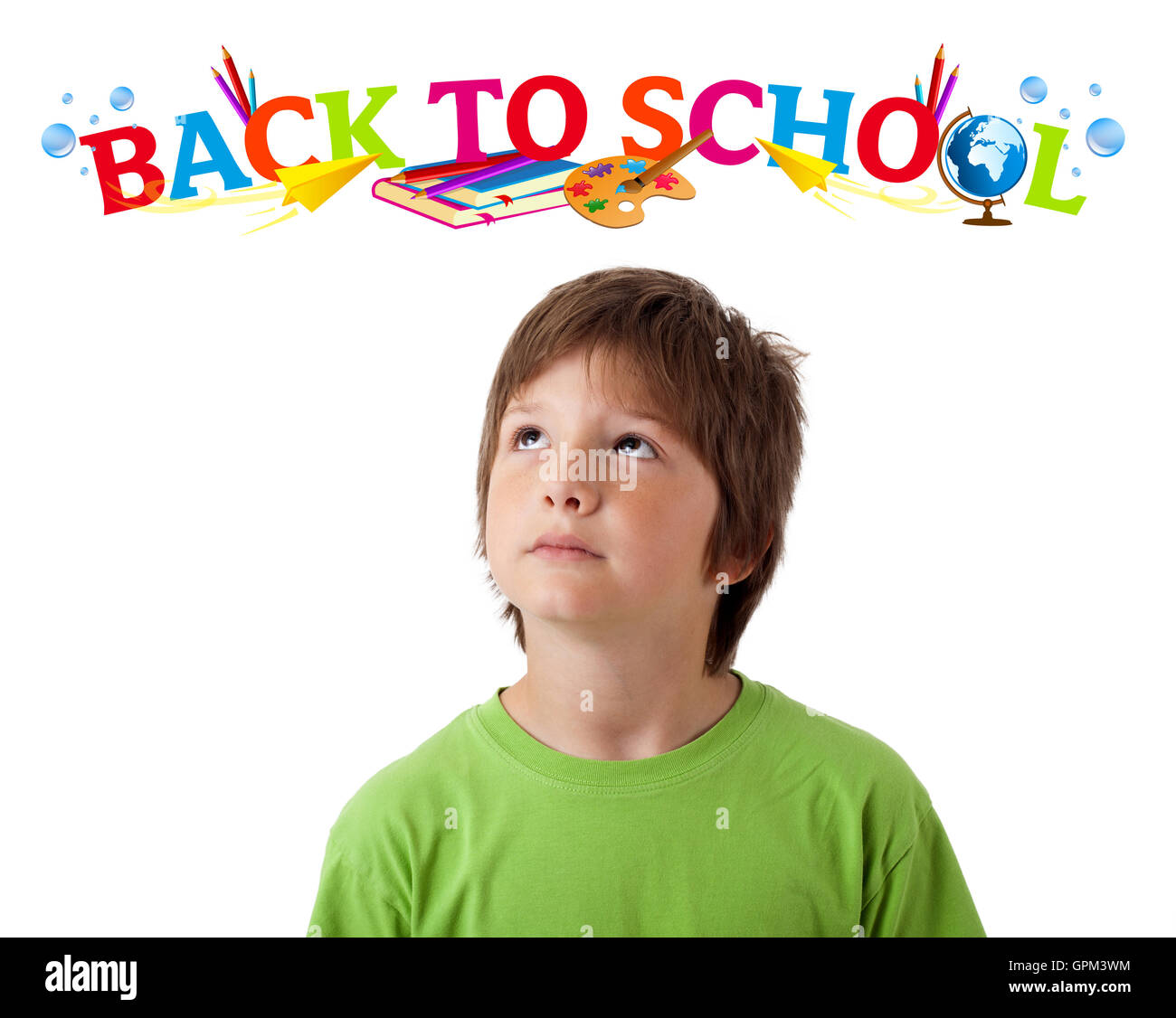 Boy looking with back to school theme isolated on white Stock Photo - Alamy