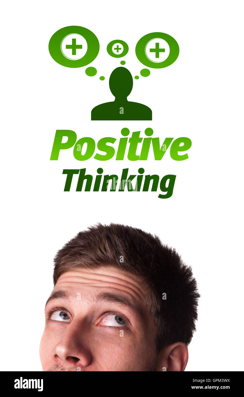 Young head looking at positive negative signs Stock Photo - Alamy