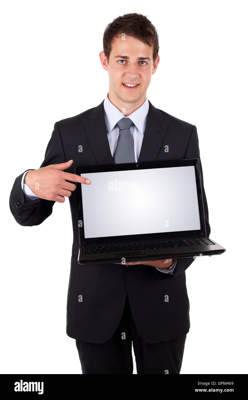 Business man pointing at a laptop computer Stock Photo - Alamy