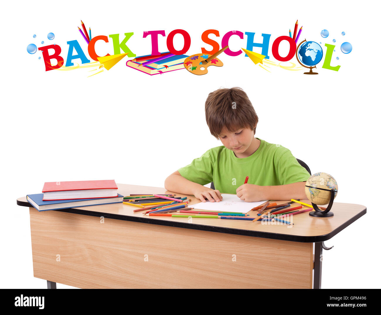 Child drawing with back to school theme isolated on white Stock Photo ...