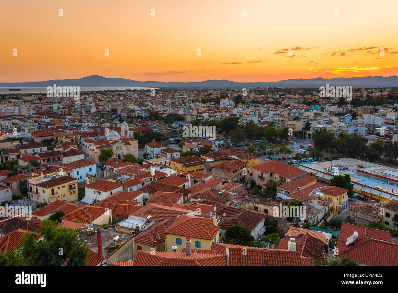 Kalamata city skyline in the evening after sunset with city lights in ...