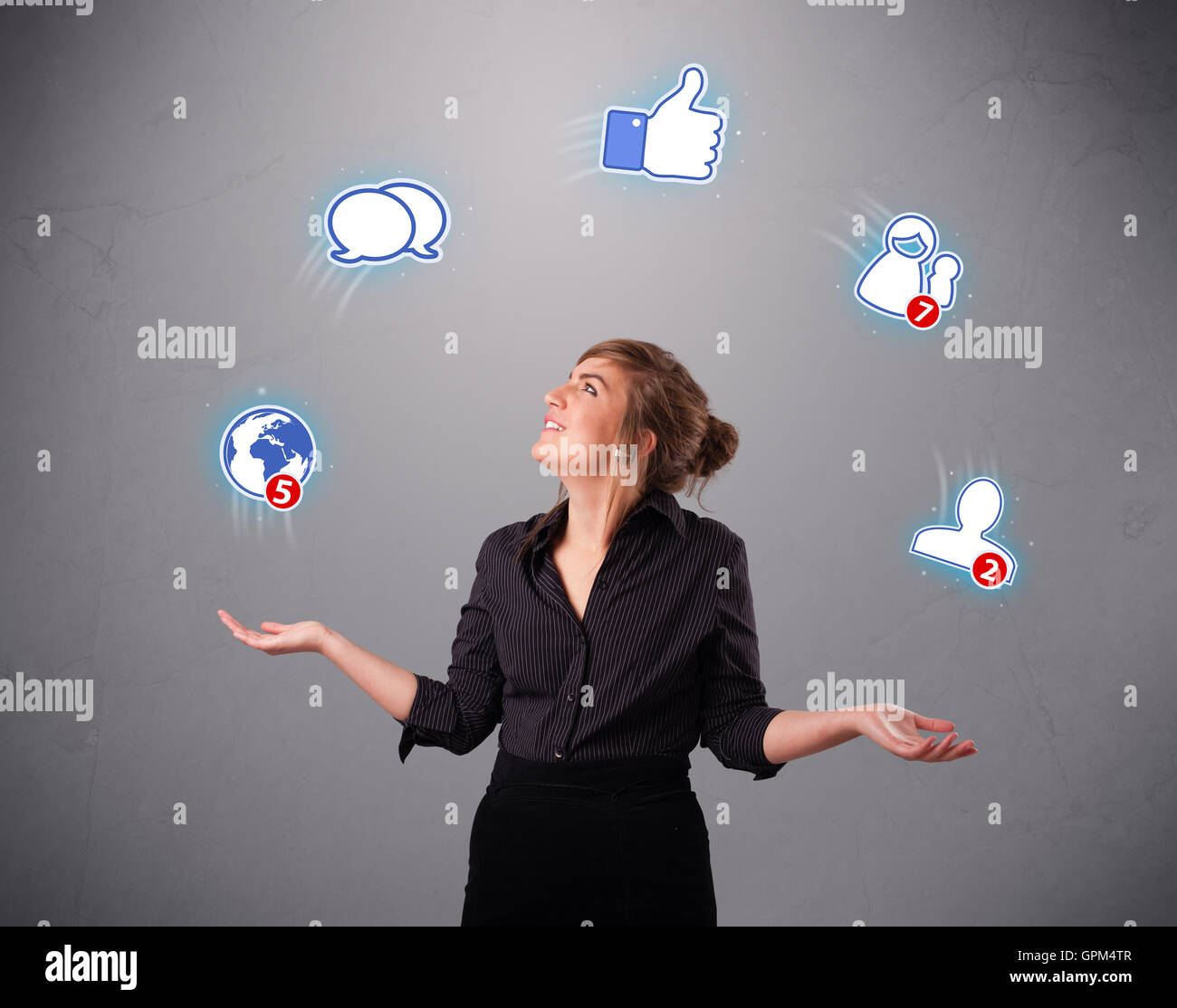 attractive young woman juggling with social network icons Stock Photo ...
