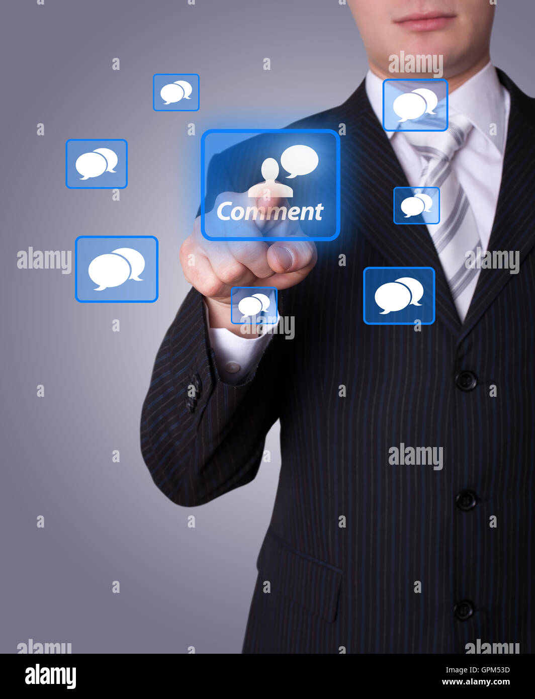 Man pressing social network button Stock Photo - Alamy