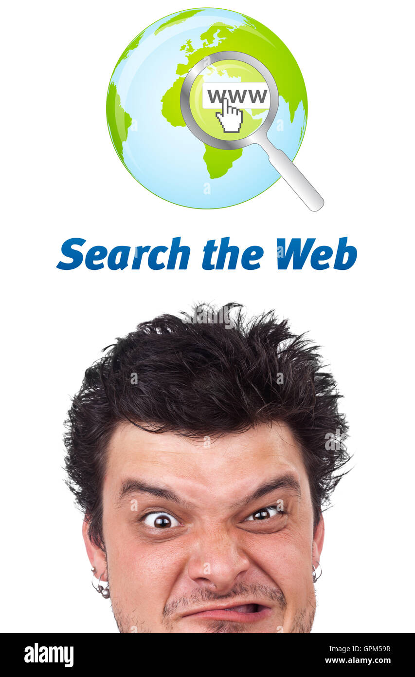 Young head looking at internet type of icons Stock Photo - Alamy
