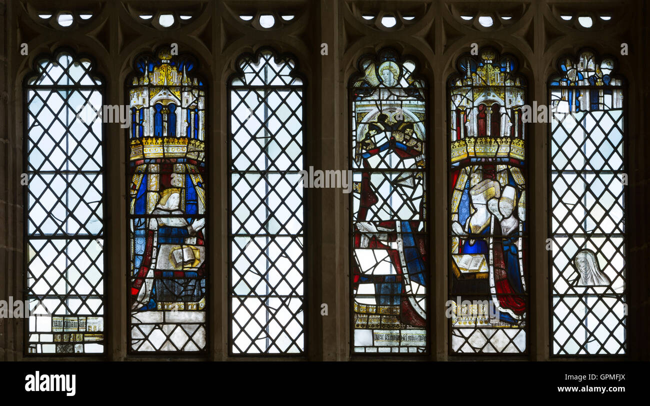 Medieval stained glass in the East Window, Little Malvern Priory ...