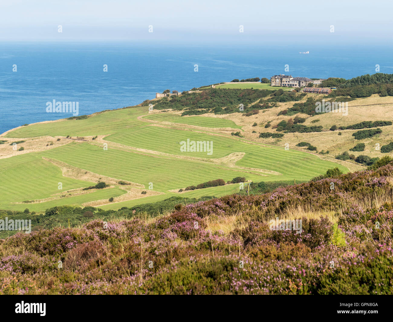 Raven Hall Hotel Ravenscar Yorkshire UK seen from North York Moors at ...