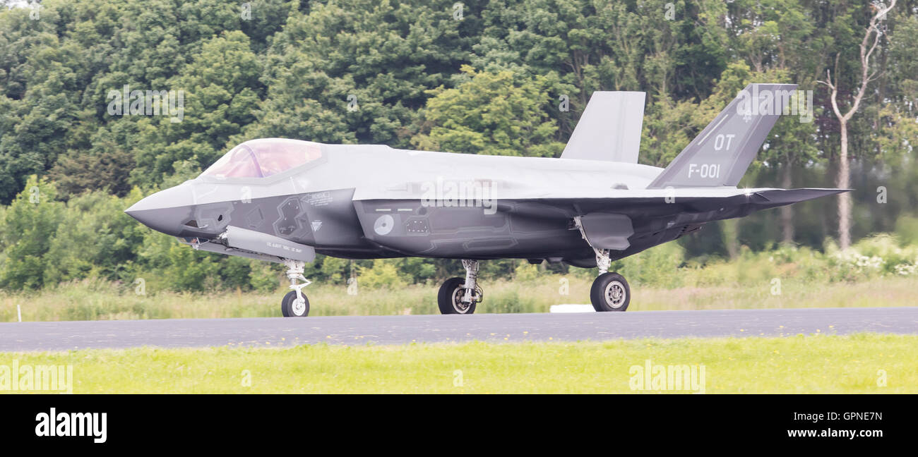 LEEUWARDEN, THE NETHERLANDS - JUNE 10, 2016: Dutch F-35 on the runway ...