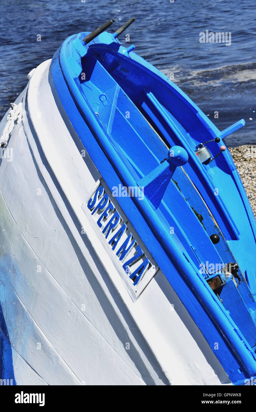Traditional wooden fishing boat (with name Hope-Speranza) - on the ...