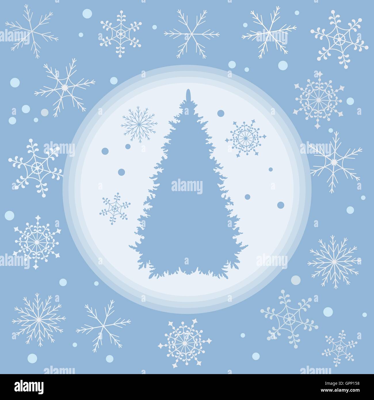 Vector illustration of Christmas tree silhouette with snowflakes on a ...