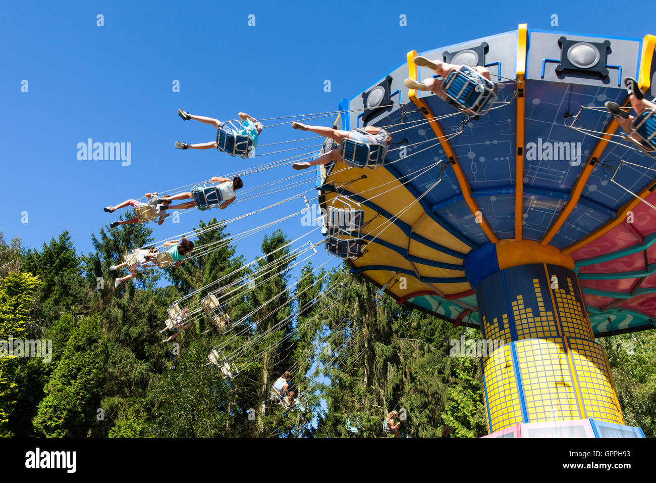 High speed carousel with park visitors during a ride at Walibi theme ...