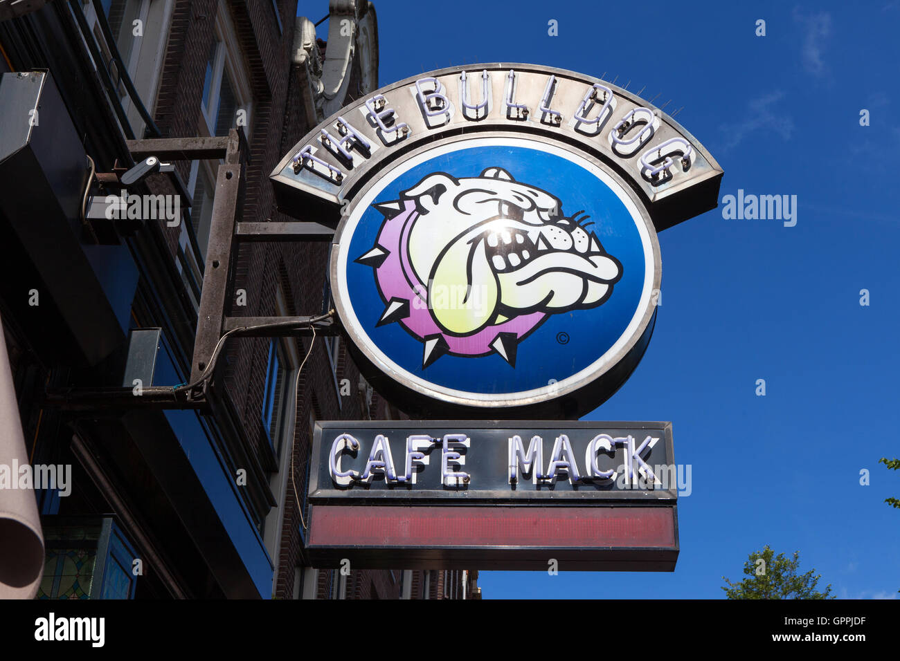 The Bulldog coffee shop sign. The Bulldog is an Amsterdam-based company ...
