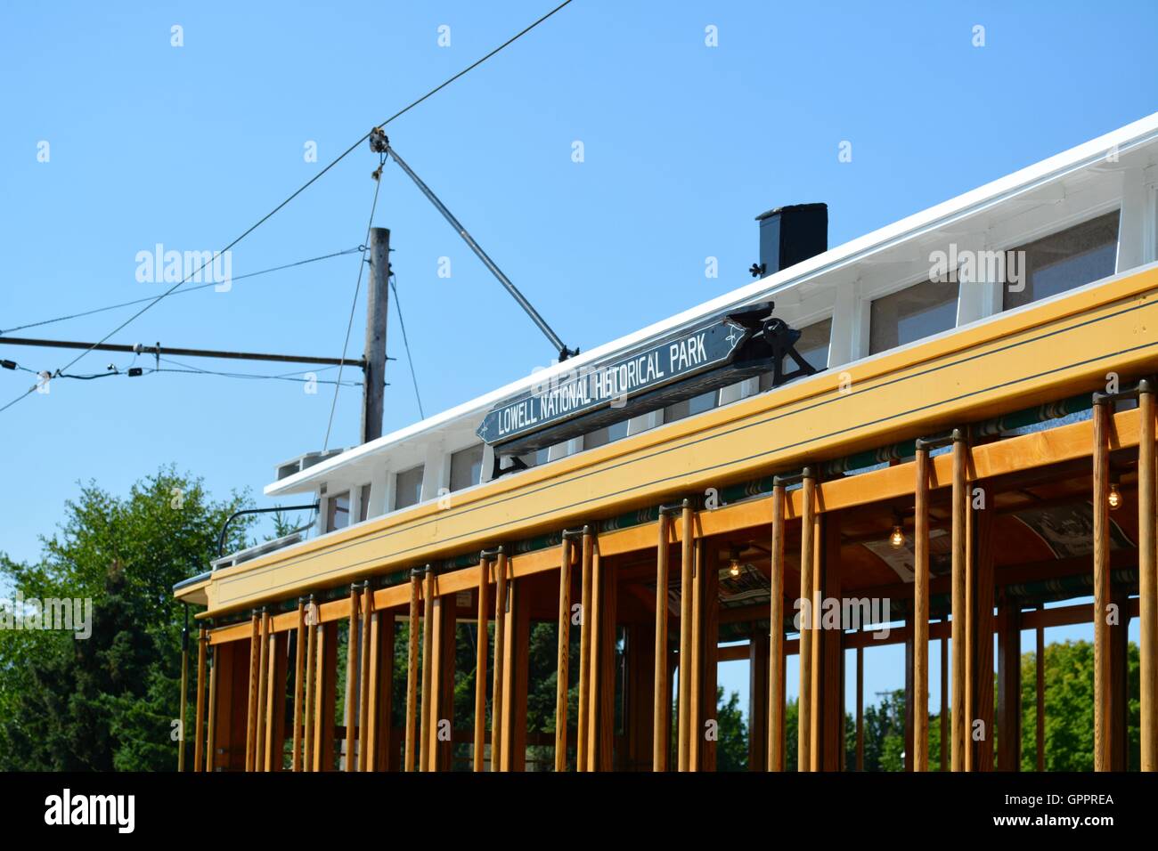 An antique trolley streetcar in Lowell, MA. The Lowell trolley system ...