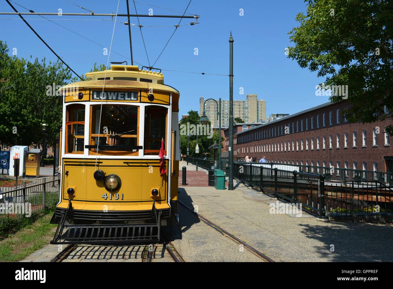 An antique trolley streetcar in Lowell, MA. The Lowell trolley system ...