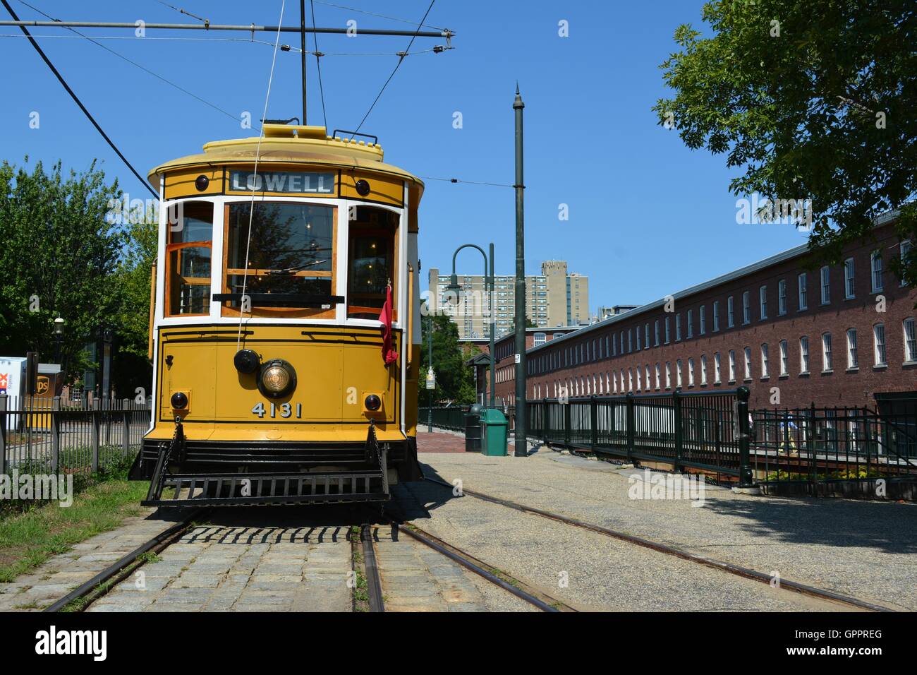 An antique trolley streetcar in Lowell, MA. The Lowell trolley system ...