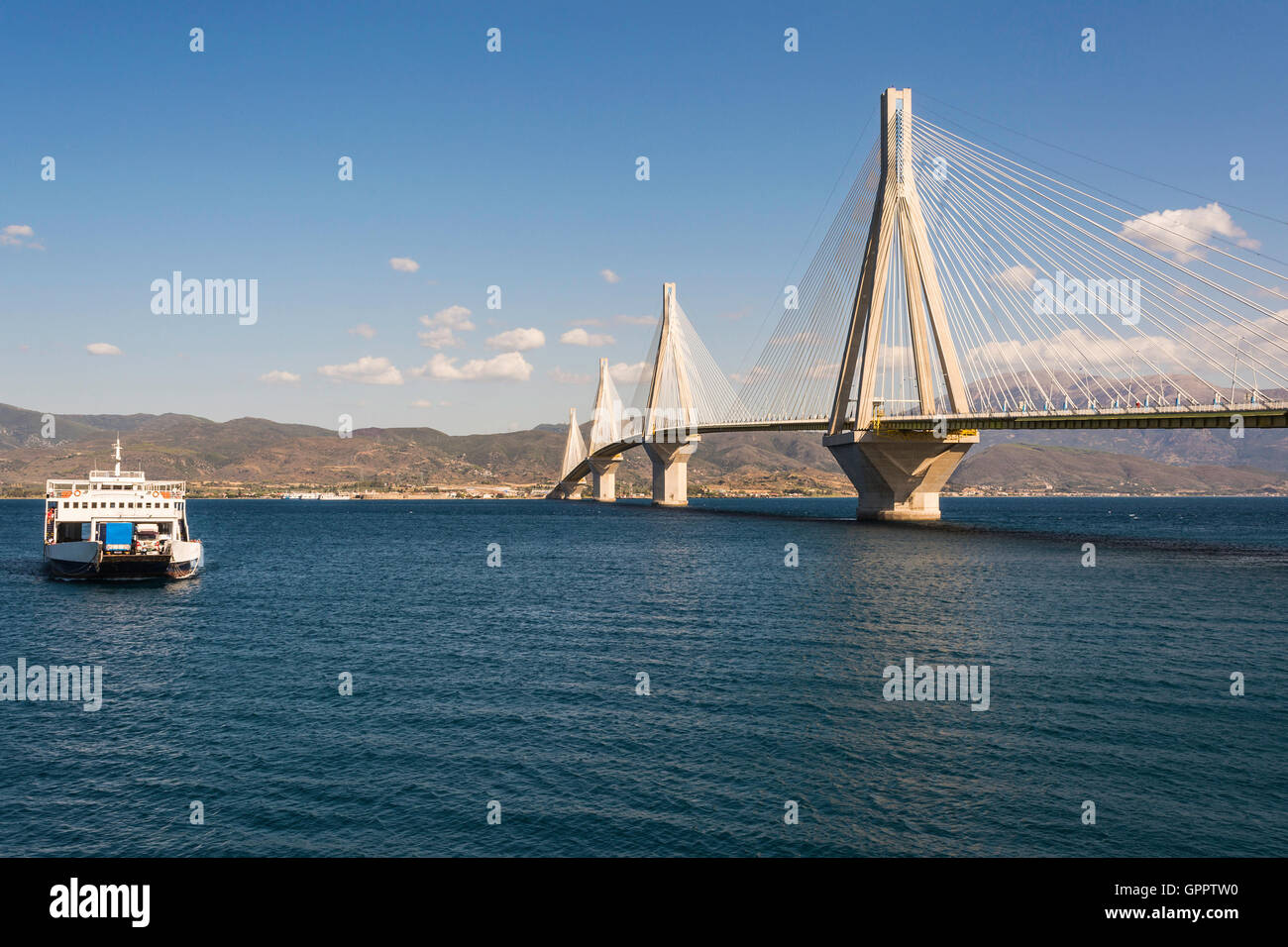 Cable-stayed suspension bridge crossing Corinth Gulf strait, Greece. It ...