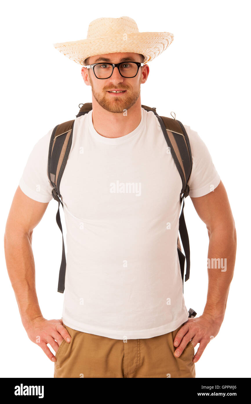 Traveler with straw hat, white shirt and backpack standing isolated ...