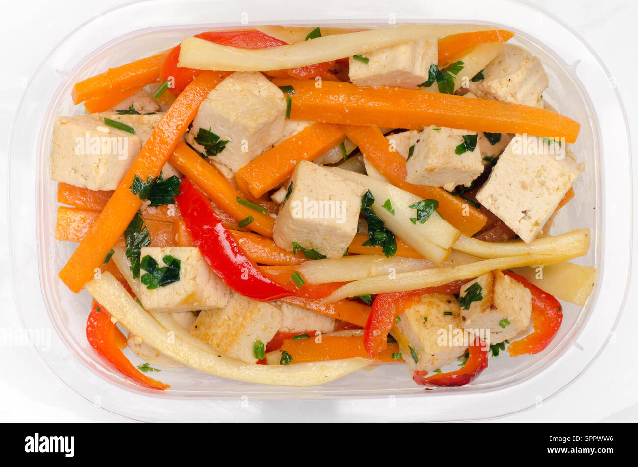fried tofu with vegetables in plastic box Stock Photo - Alamy