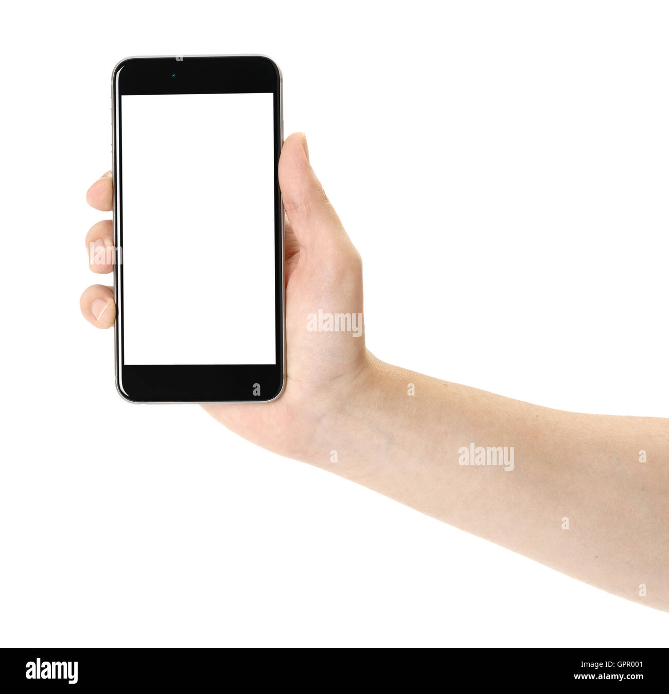 Smartphone in hand on white background, isolated Stock Photo - Alamy