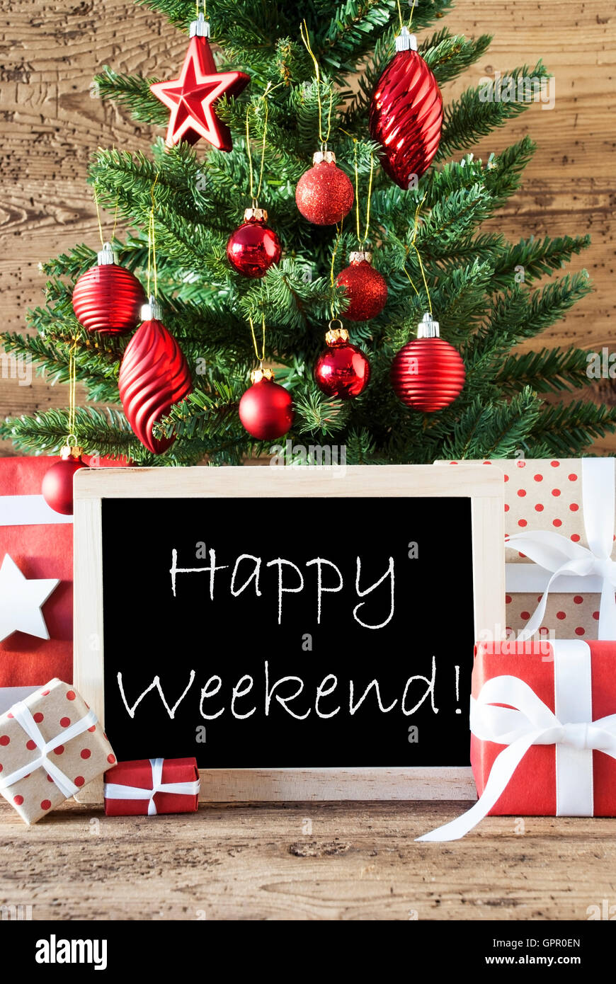 Colorful Christmas Tree With Text Happy Weekend Stock Photo - Alamy