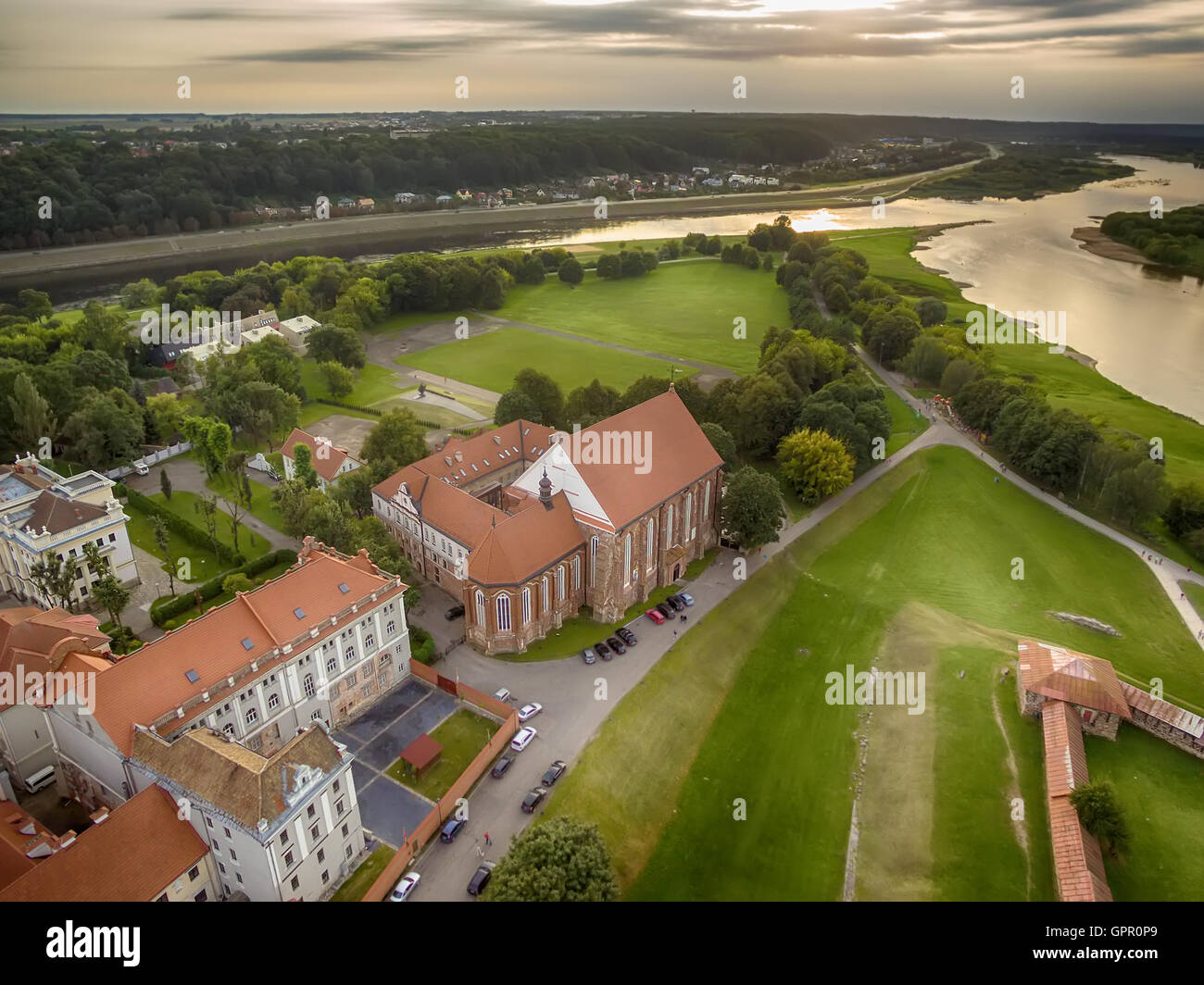 Kaunas, Lithuania: aerial top view of Old Town and Santaka Stock Photo ...