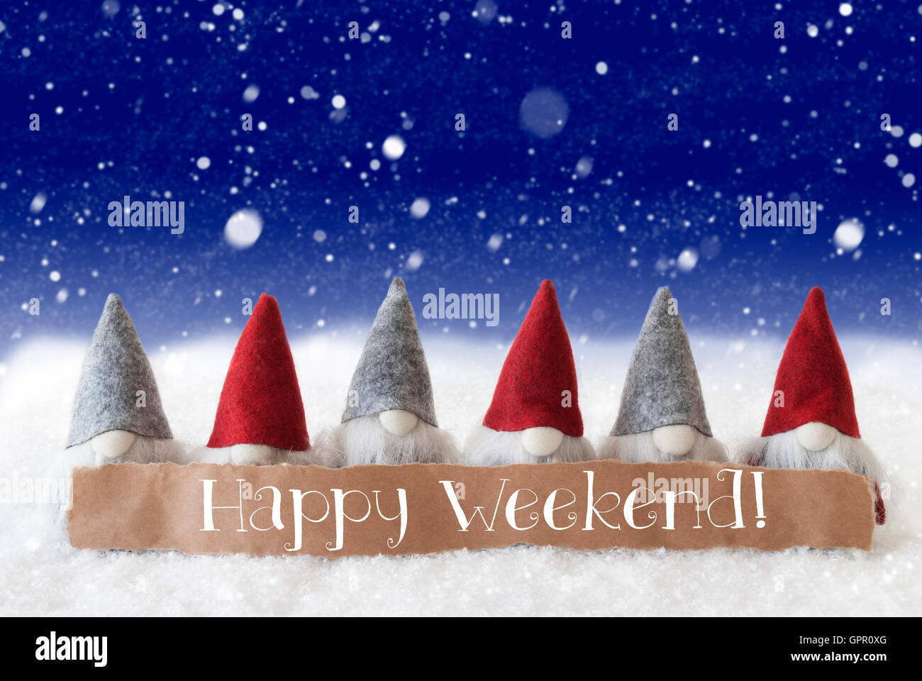 Gnomes, Blue Background, Snowflakes, Text Happy Weekend Stock Photo - Alamy