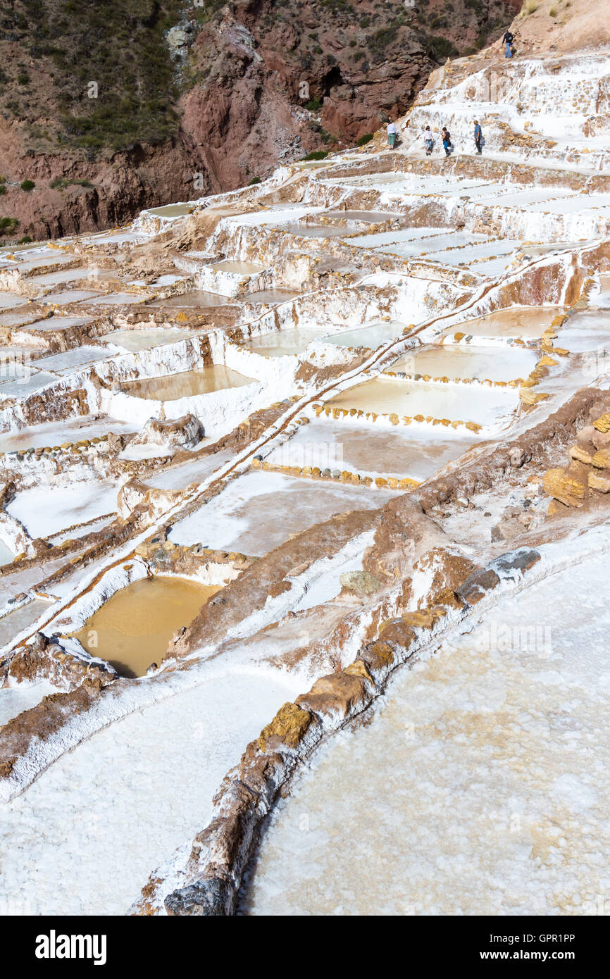 Maras Peru -May 18 : Tourists walking exploring the salt ponds in Maras ...