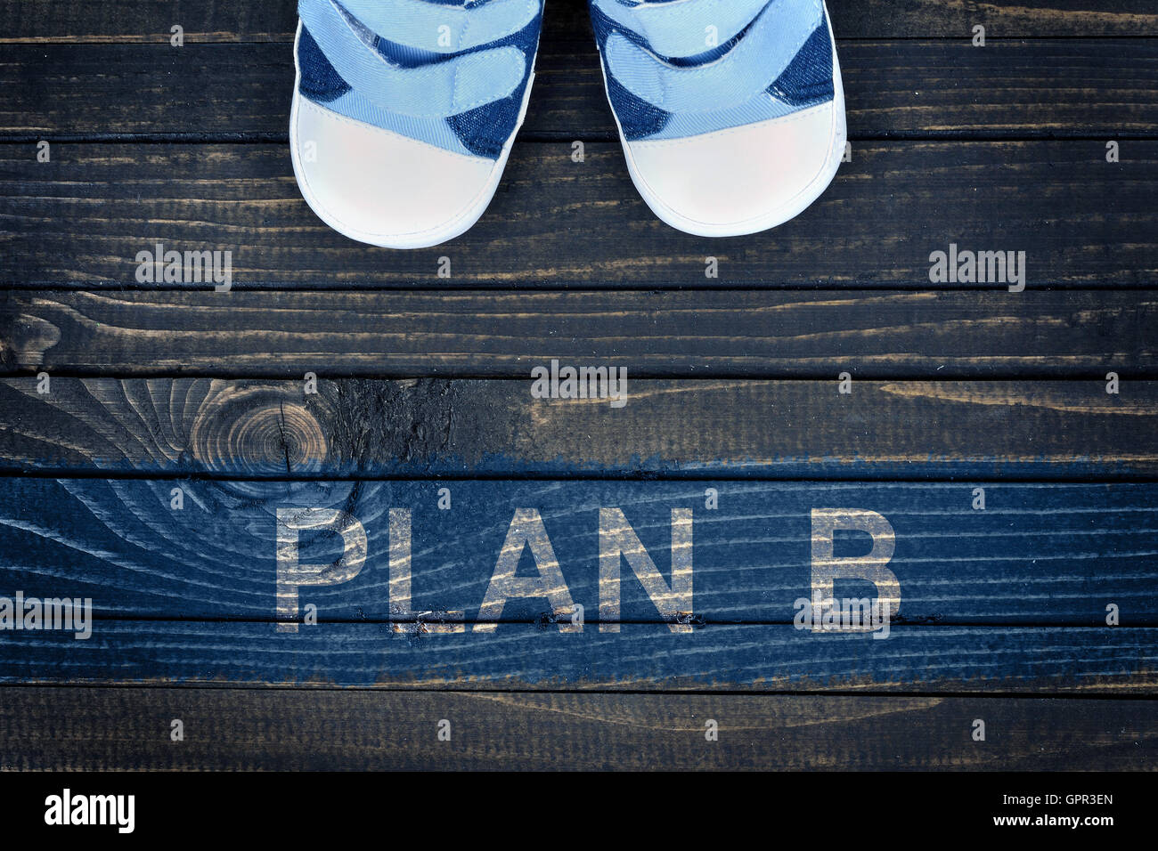 Plan B message and kid shoes on wooden floor Stock Photo - Alamy