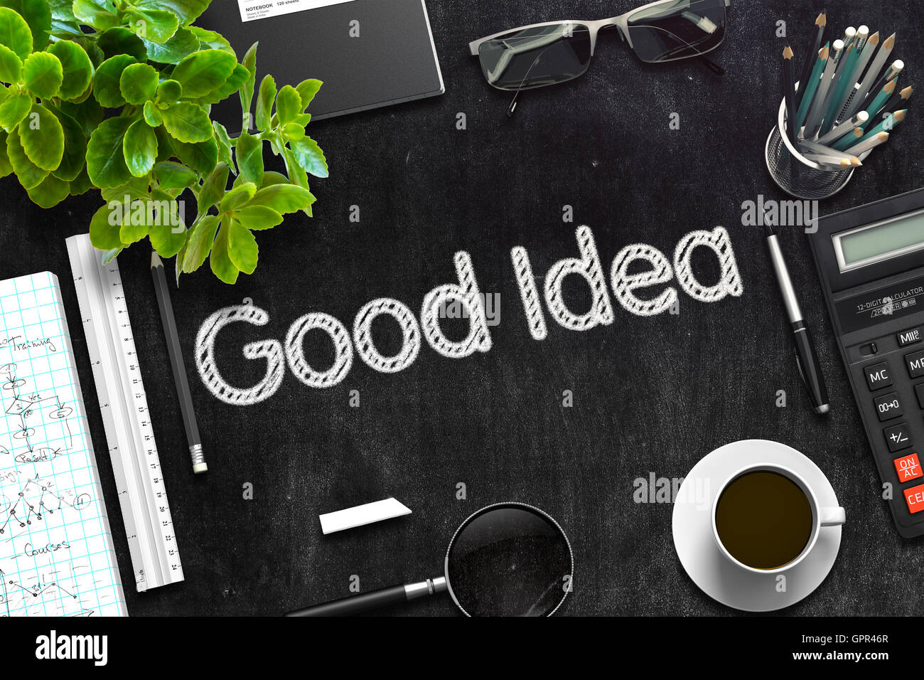 Good Idea - Text on Black Chalkboard. 3D Rendering Stock Photo - Alamy
