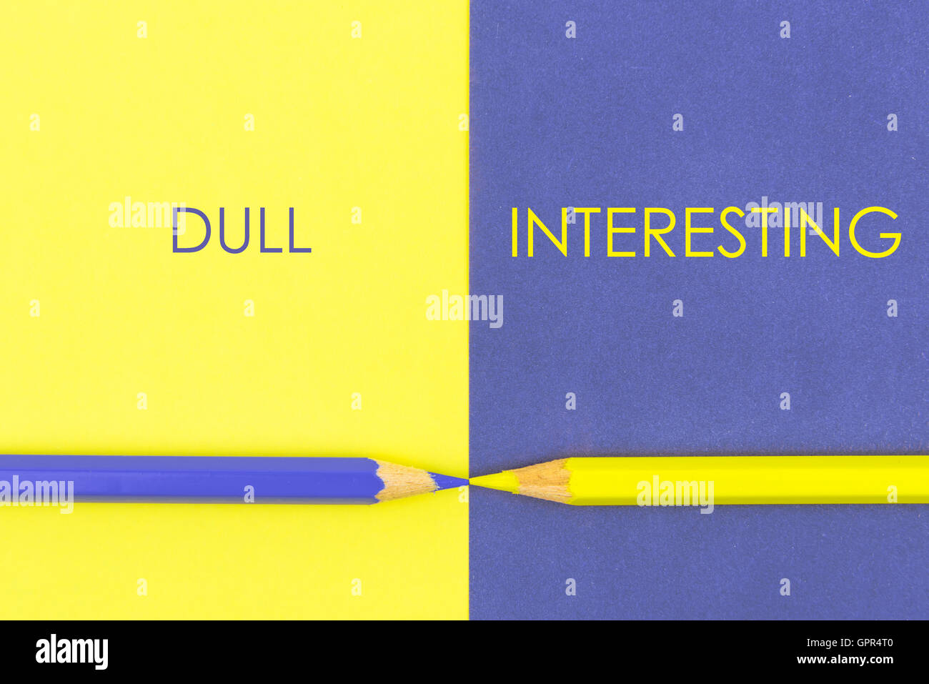 Dull versus Interesting contrast concept . Yellow and Violet coloured ...