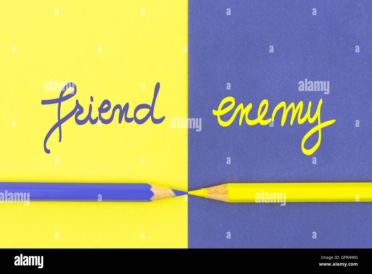 Friend versus Enemy contrast concept . Yellow and Violet coloured ...