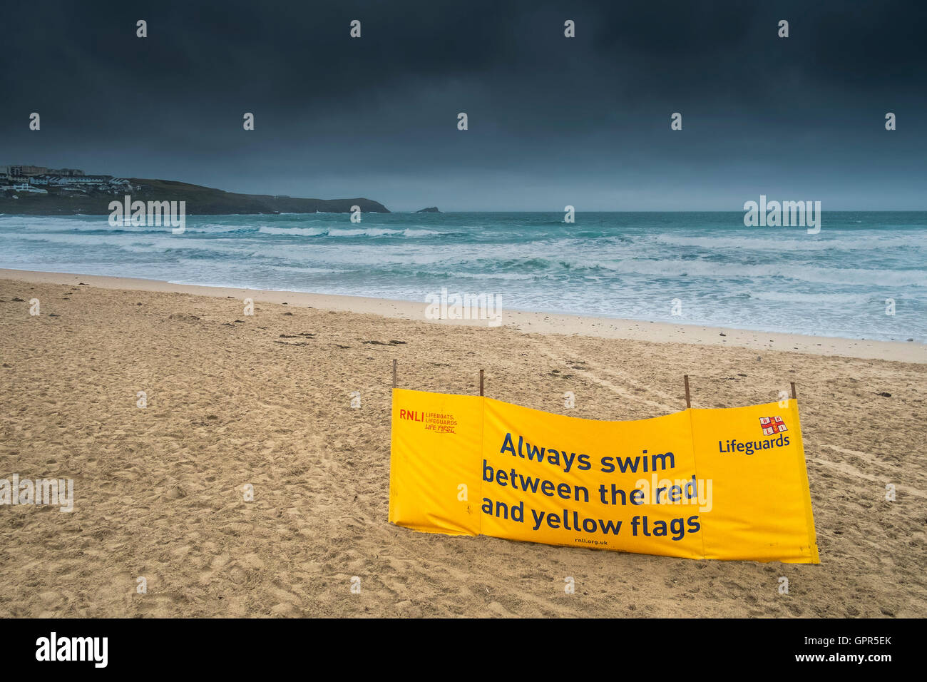 A RNLI safety banner on Fistral; Beach in Newquay, Cornwall Stock Photo ...