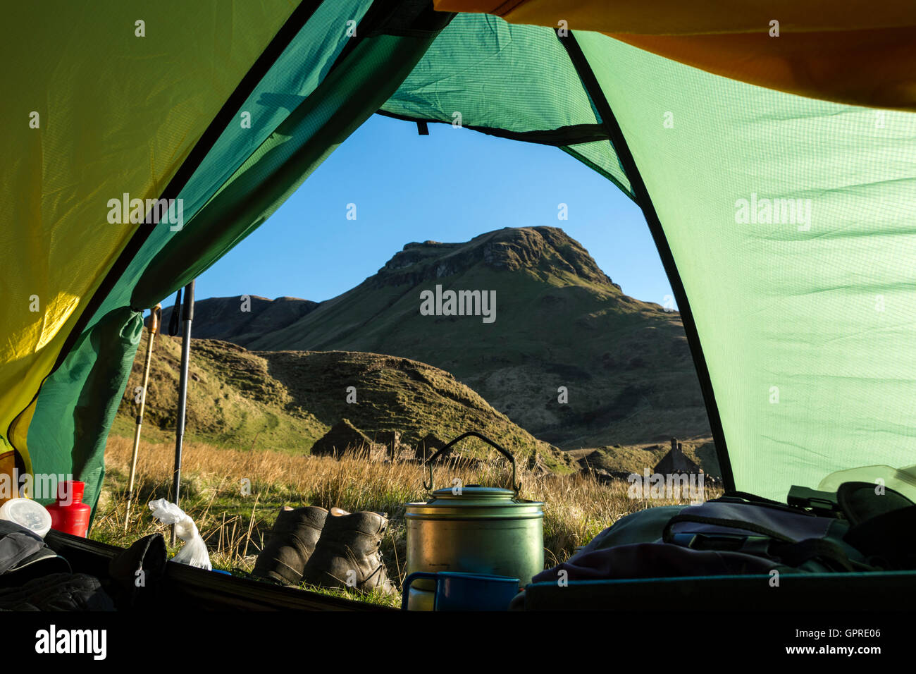 Bloodstone Hill from a tent door, Guirdil Bay , Isle of Rum, Scotland ...