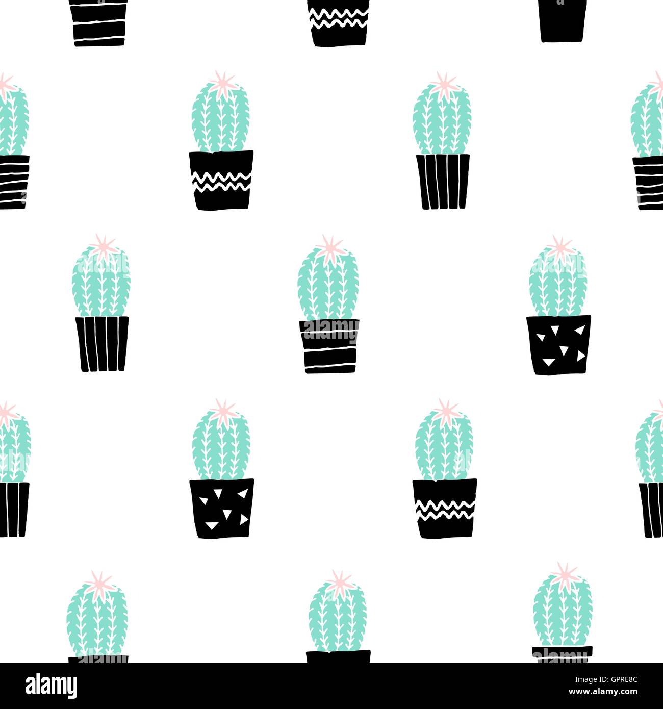 Hand drawn seamless repeat pattern with succulent plants in pastel pink ...