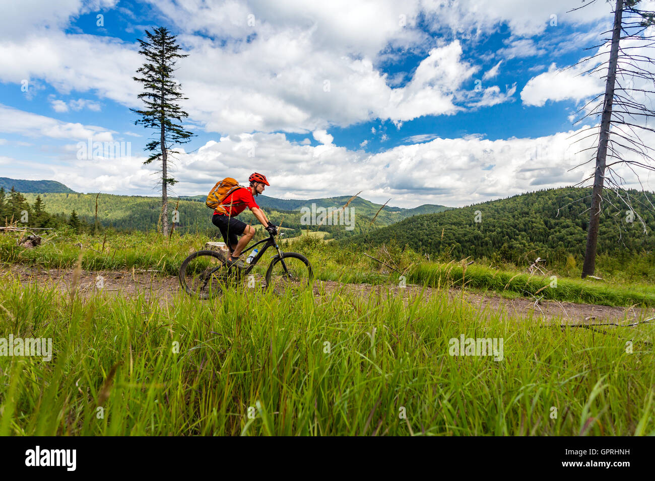 Mountain biker riding on bike in summer inspirational mountains ...