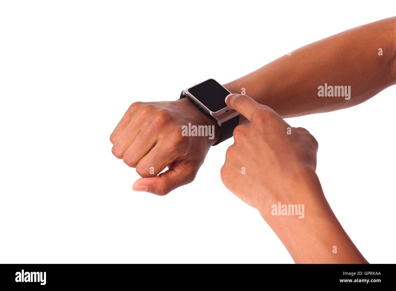 African American person wearing a smart watch, isolated on white ...