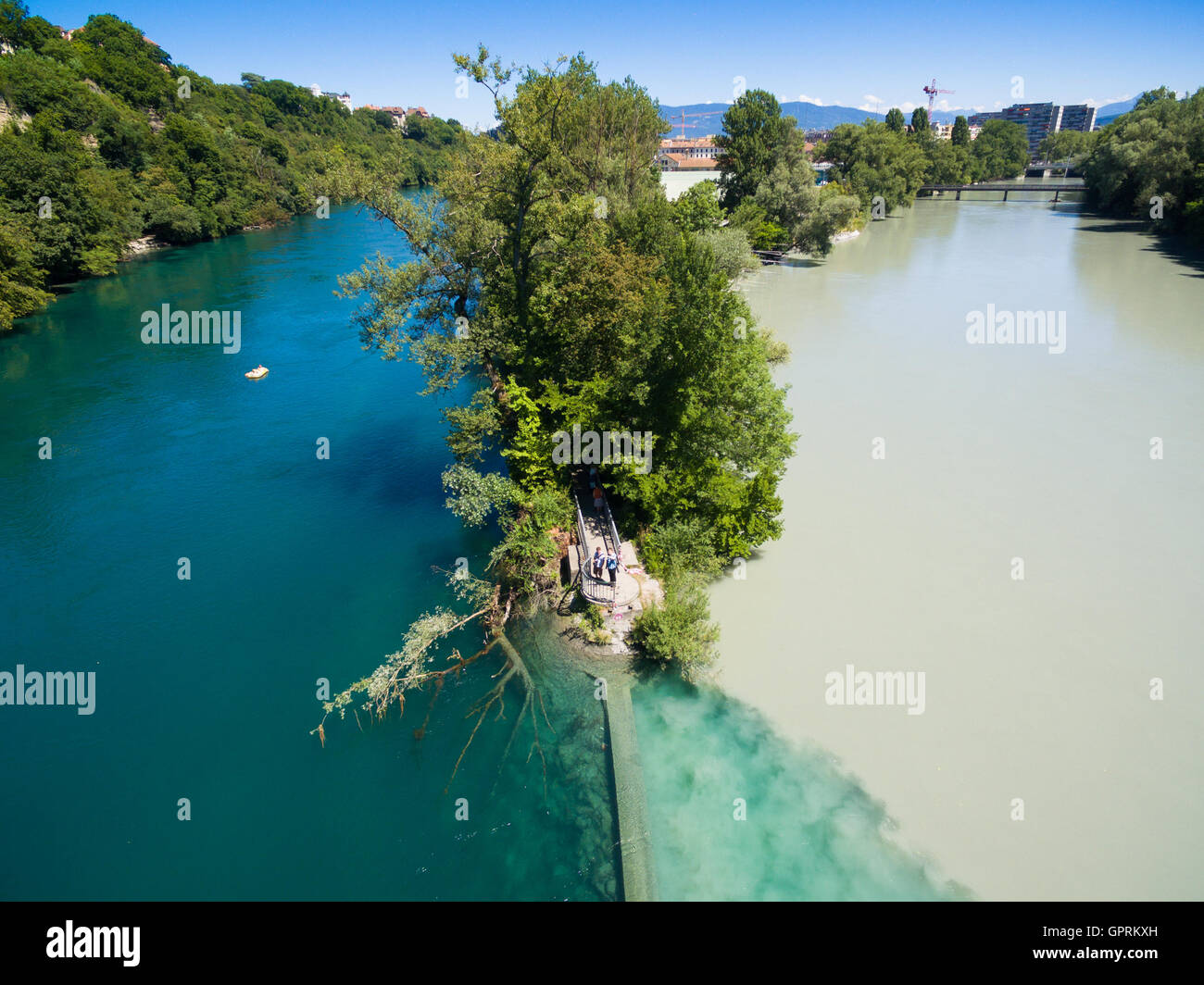 Aerial view of Arve an Rhone river confluent in Geneva Switzerland ...