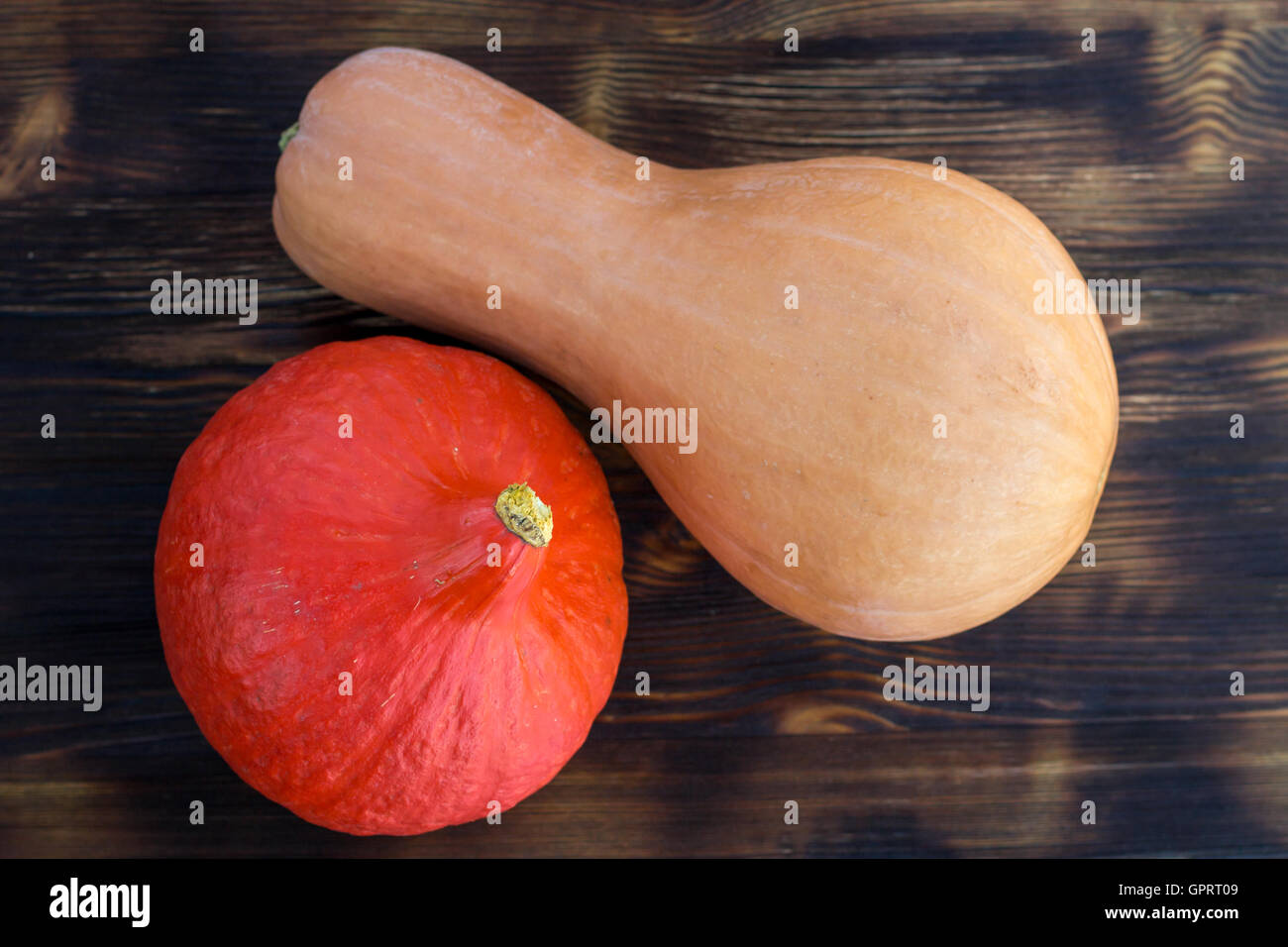 Red pumkin and yellow calabash with hard rind laying diagonally on dark ...