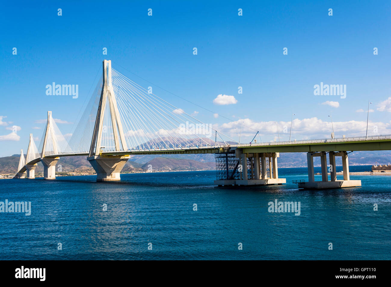 Cable-stayed suspension bridge crossing Corinth Gulf strait, Greece. It ...