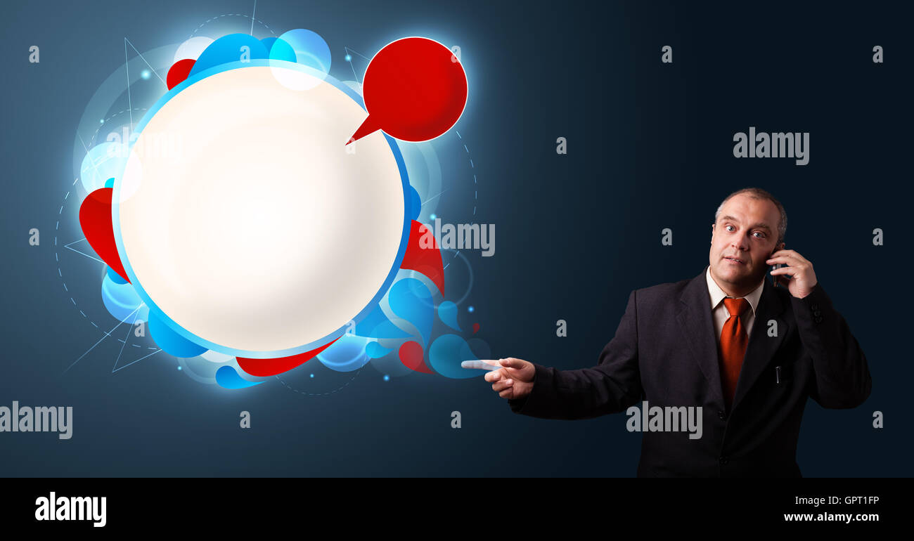 businessman making phone call and presenting abstract modern spe Stock ...