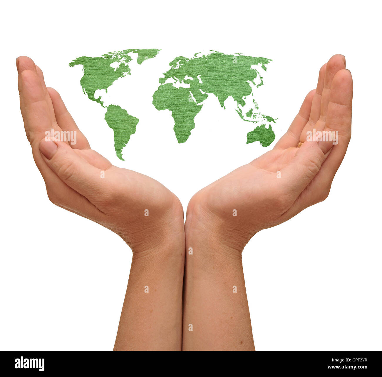 world map in woman hands isolated on white Stock Photo - Alamy