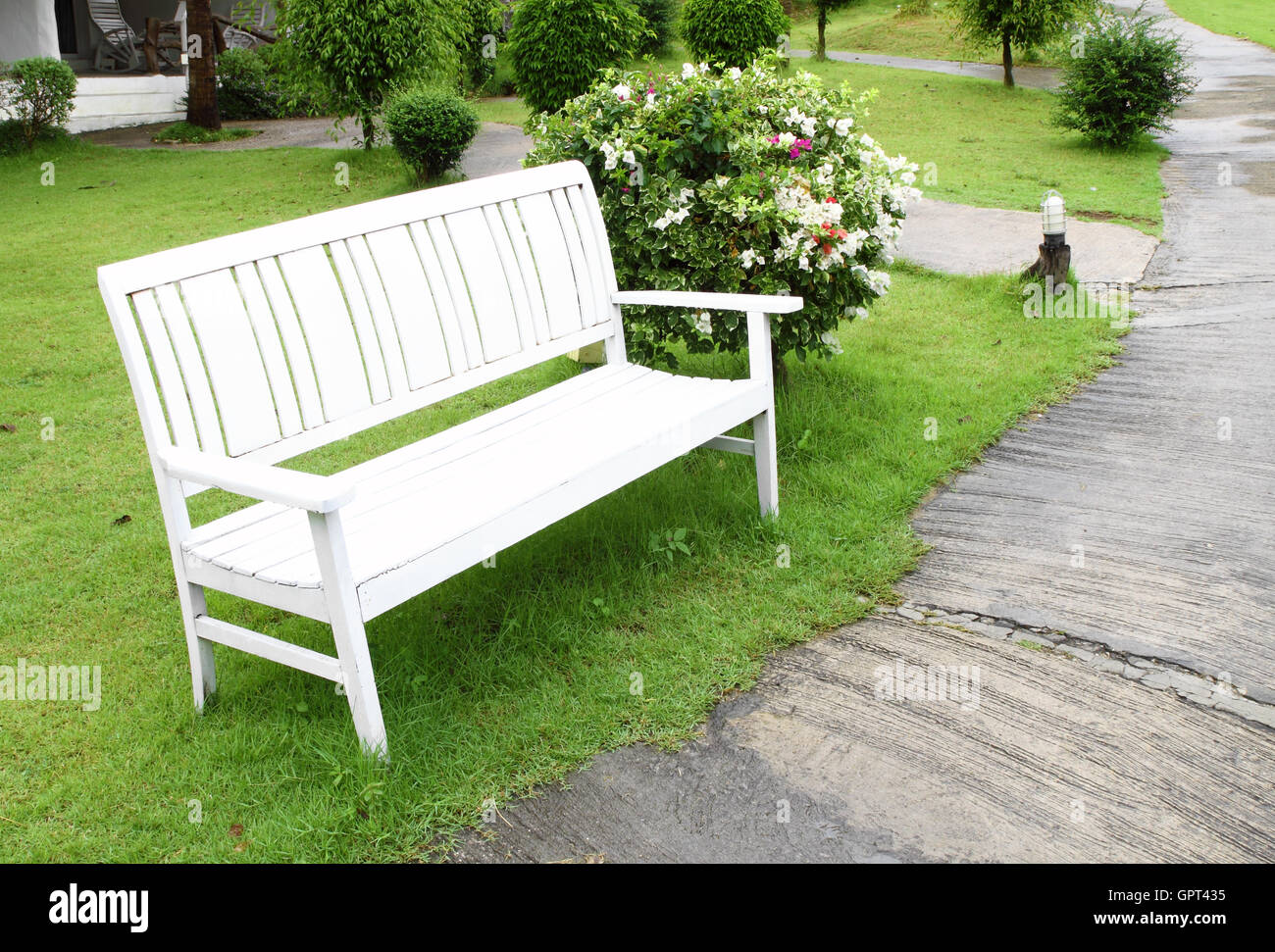 white bench made of wood Stock Photo - Alamy