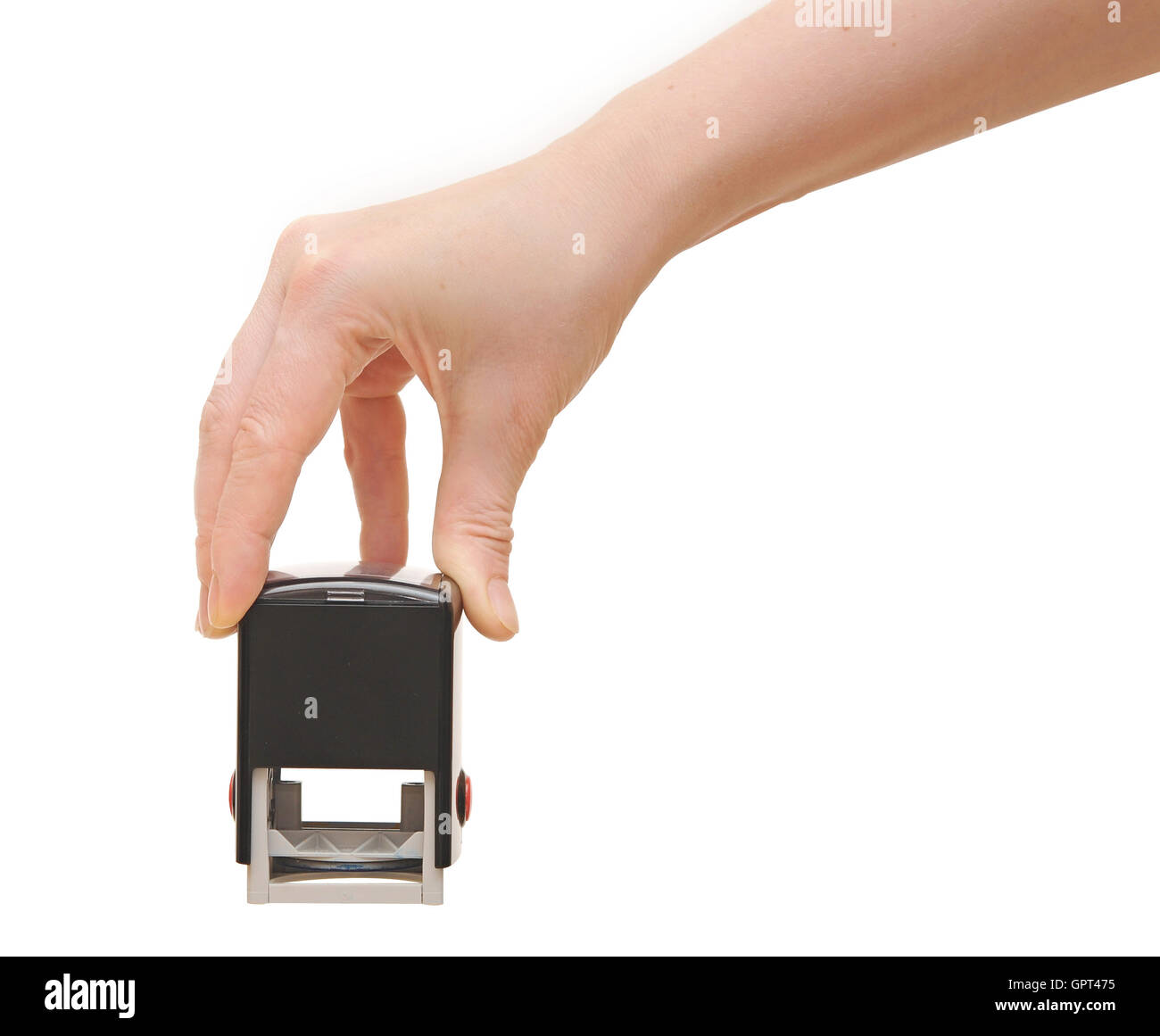 Hand with stamp for documents on white background Stock Photo - Alamy